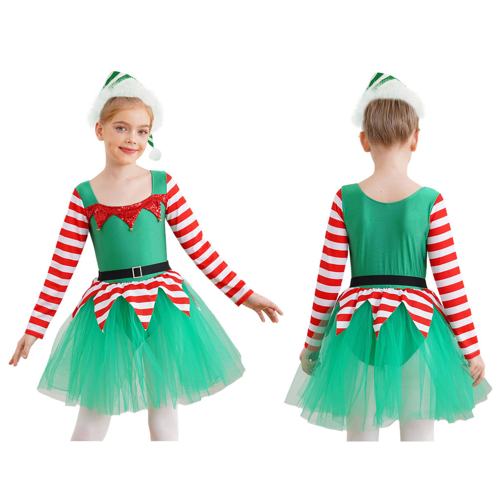 Linjinx #4-16 Kids Girls Christmas Elf Cosplay Costume Long Striped ...