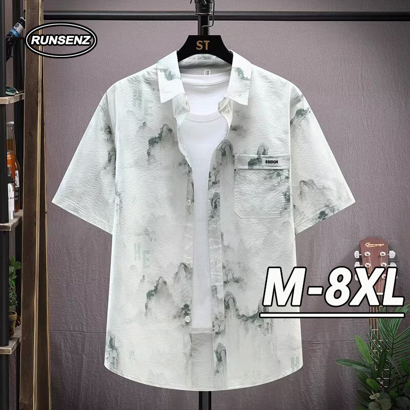 M-8XL Korean Style Large Size Half-Sleeve Shirt Men Casual Loose Mid ...