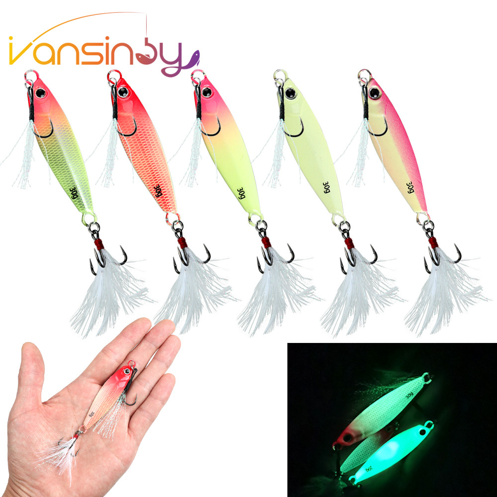 Fishing Luminous Metal Jigging Hook Spinner Bait 7g/10g/15g/20g/30g Laser Metal Jig Spoon ...