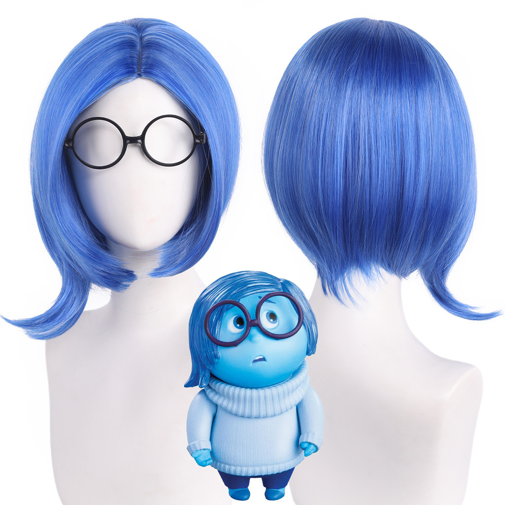 Inside Out 2 Sadness Cosplay Wig Short Blue Heat Resistant Synthetic ...
