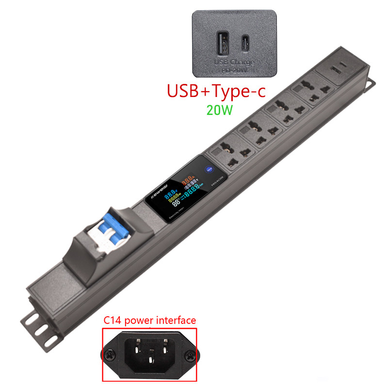 PDU digital display power distribution unit extension socket, Type-C USB,16A air switch , C14 ...