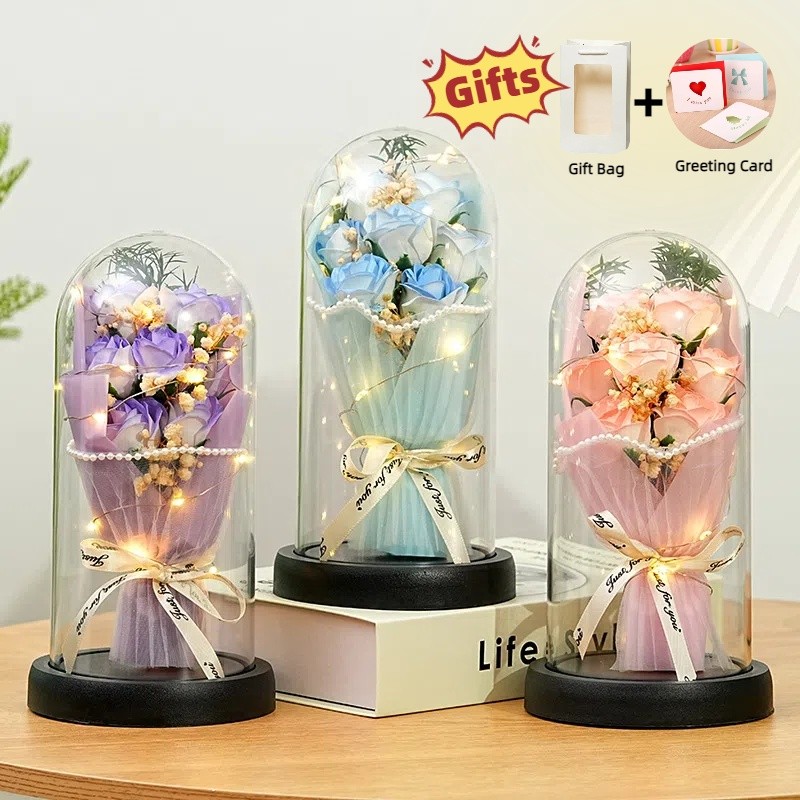 Artificial Rose Flower Acrylic Glass Cover Dome Eternal Bouquet LED ...