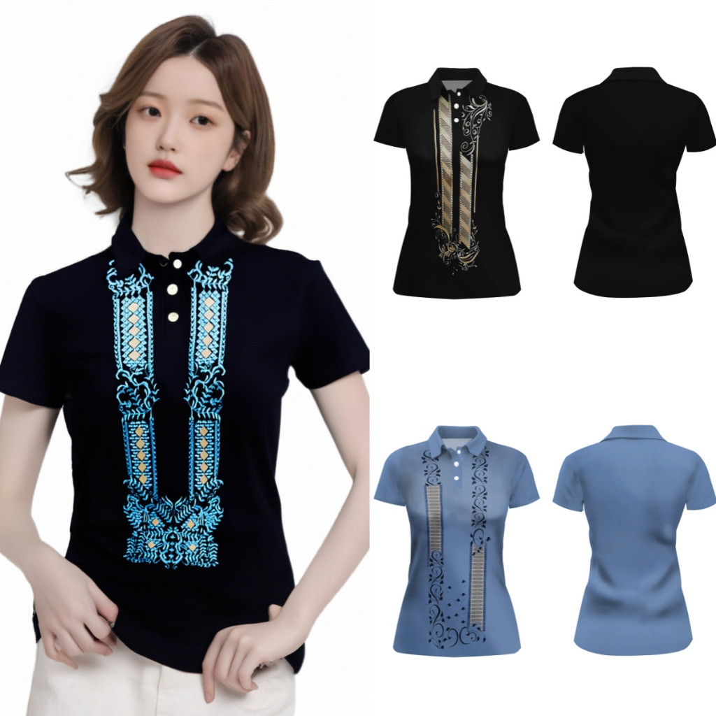 Asean Attire For Women Polo Short-Sleeved Tops Retro Barong Pattern ...