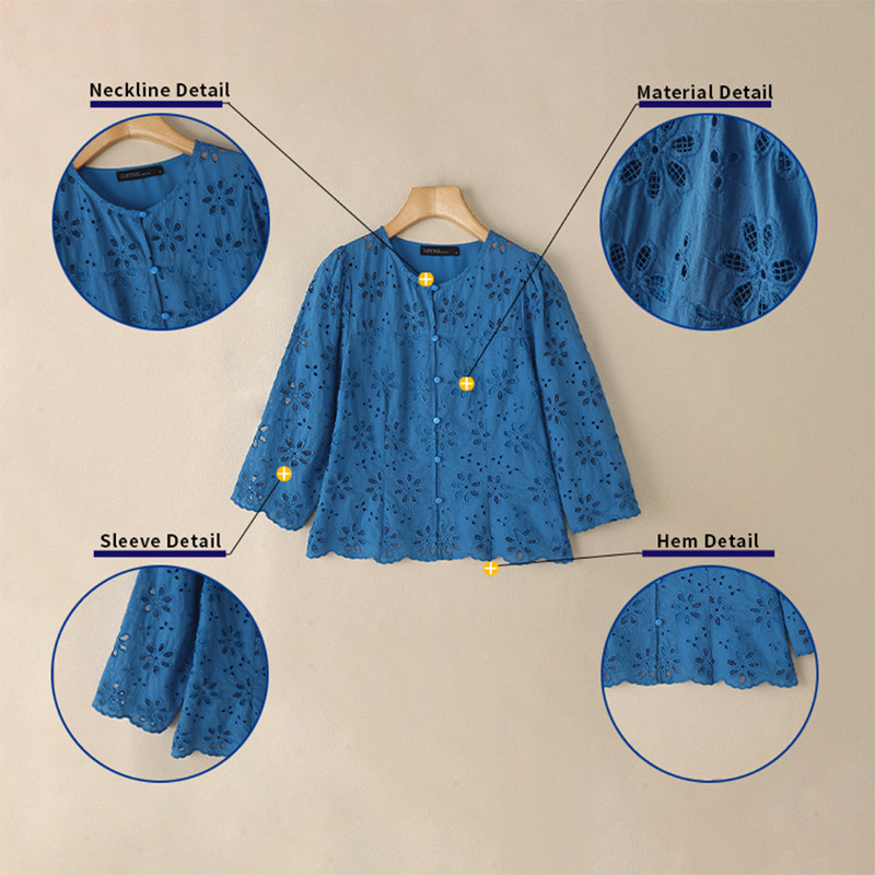 ZANZEA Women Korean High End Design Round Neck 3/4 Sleeve Hollow Out ...