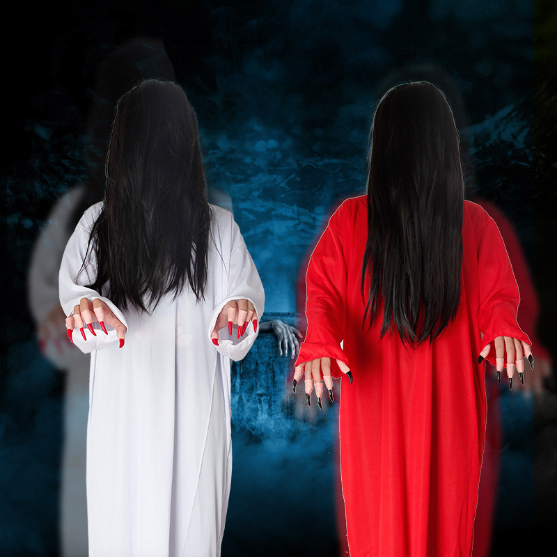 Halloween Adult Costumes Sadako Ghost Clothes Jumpsuit White Red Horror ...