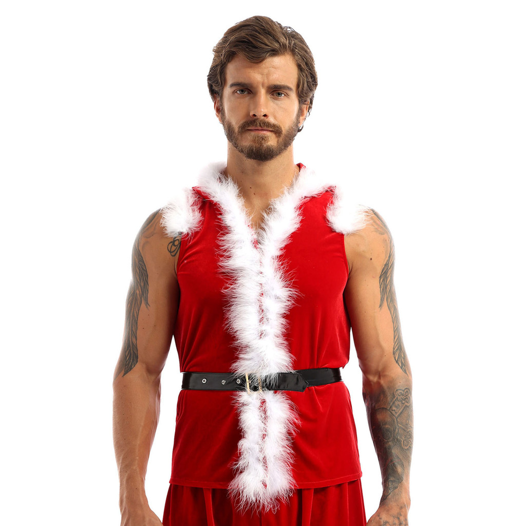 Men Christmas Santa Claus Cosplay Performance Costume Sleeveless Velvet ...