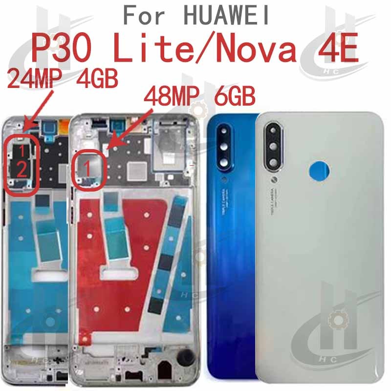 For Huawei P30 Lite / Nova 4e Battery Back cover Housing middle frame + Button + LCD Front frame ...