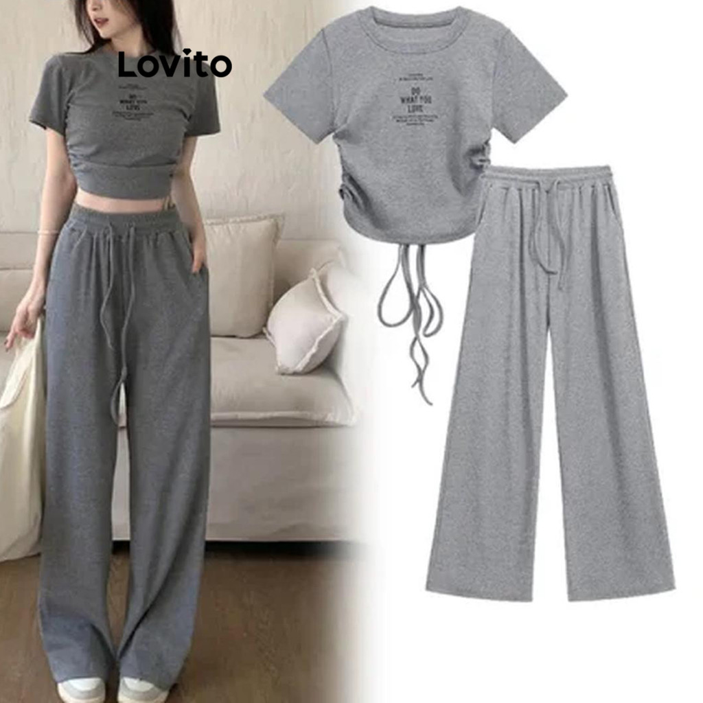 Lovito Women Casual Plain Drawstring Draped Tops or Bottoms LNE70513 ...