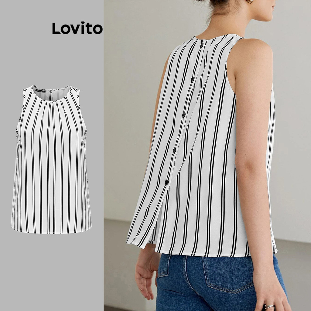 Lovito Women Vintage Striped Split Back Button Tank Top L86ED381 ...
