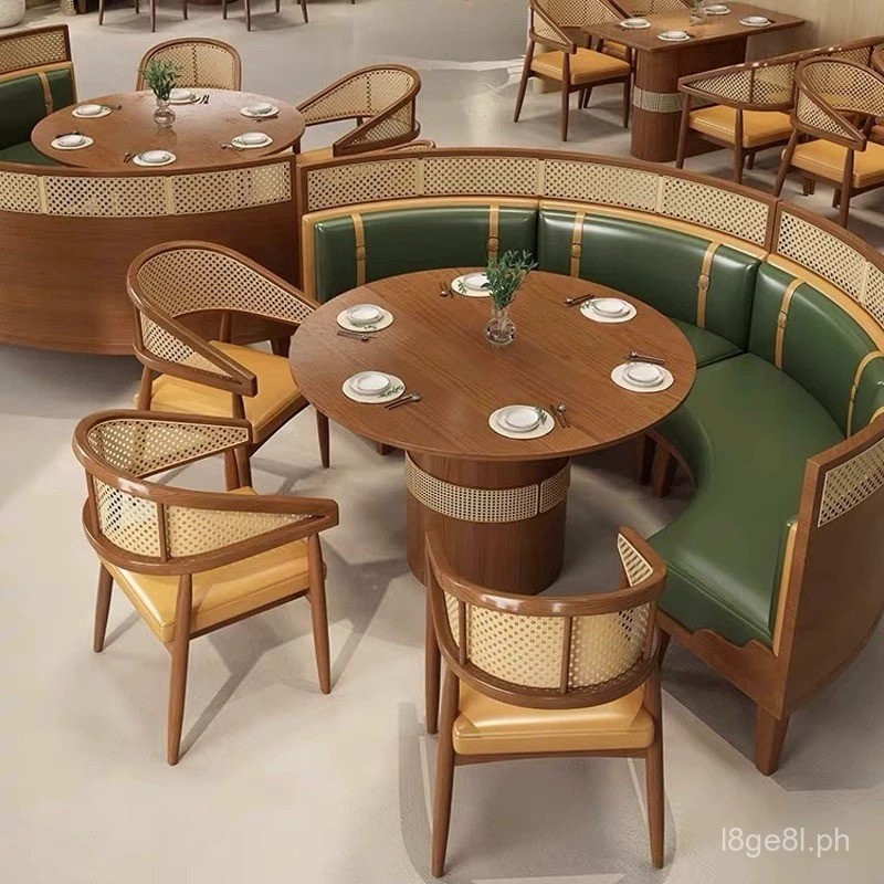 Japanese-Style Solid Wood Semicircle Rattan Booth Sofa Commercial Chain ...