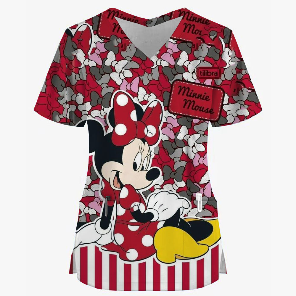 Disney Mickey Mouse Print Nurse Uniform Cute Minnie 3D Print V-Neck ...