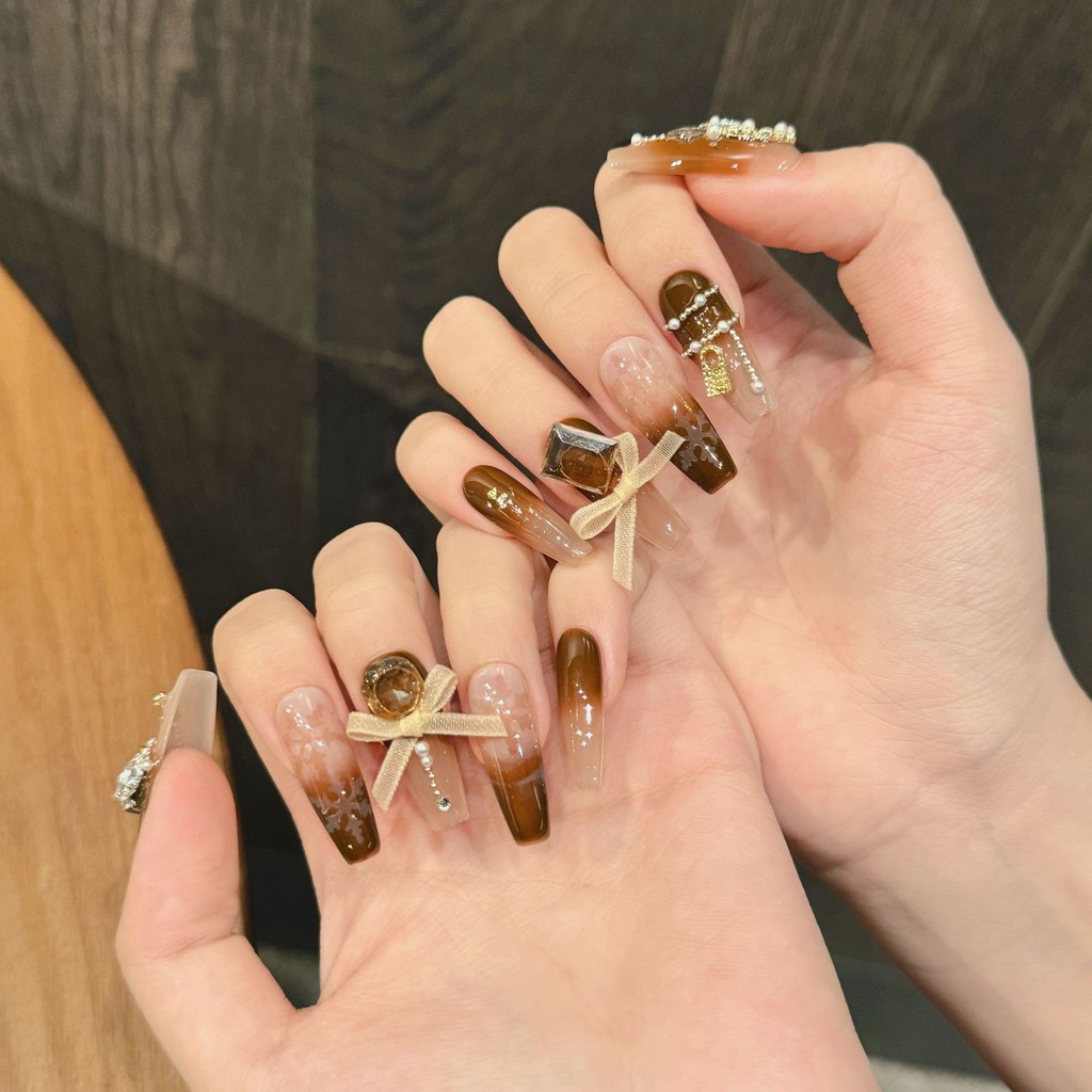 Full HANDMADE Christmas Maillard New Sweet Long Trapezoid Fake Nails ...