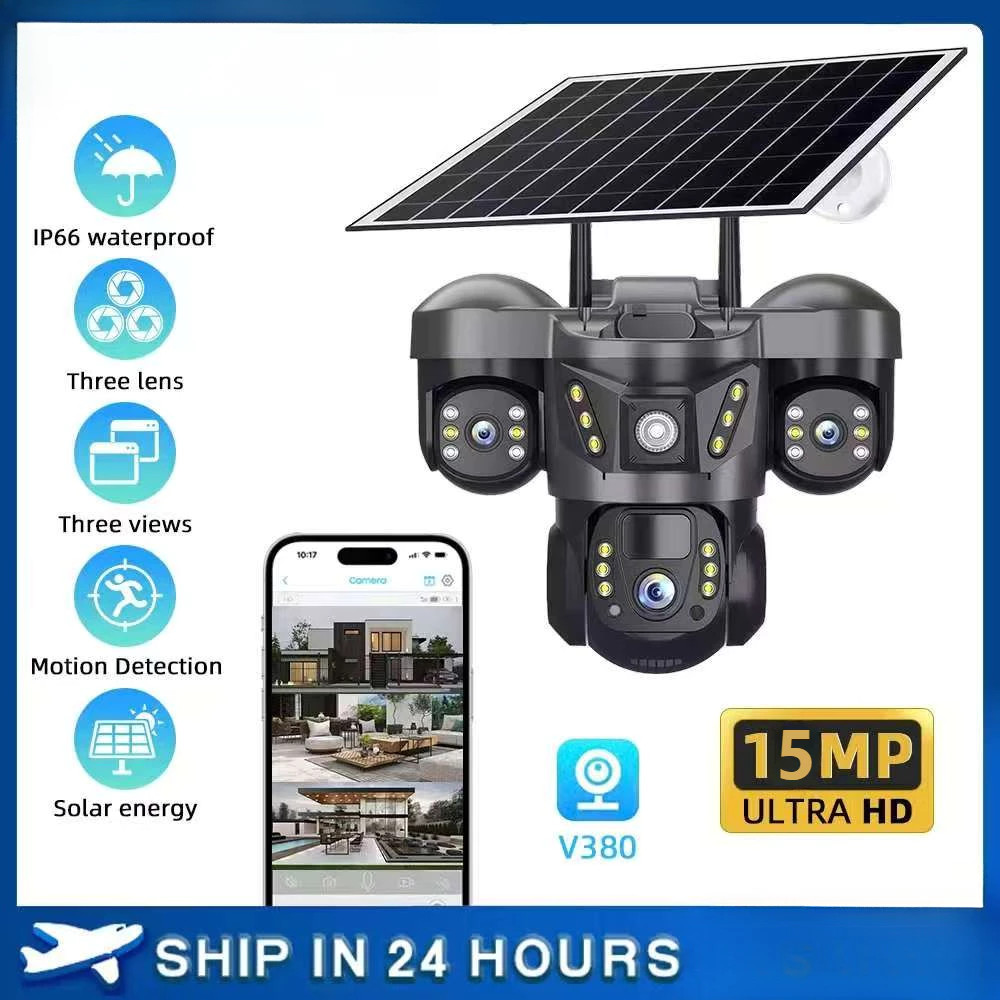 V380 15MP Three Lens HD Outdoor 4G Solar Camera Night Vision PIR Human ...