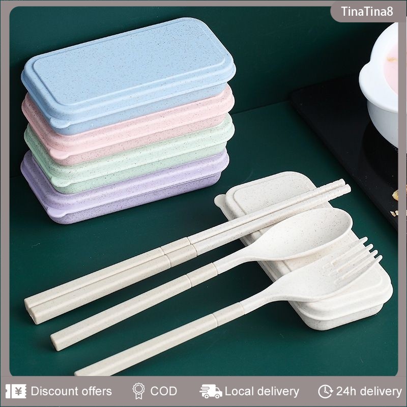 3pcs Set Reusable Folding Wheat Straw Chopstick Spoon Fork Cutlery Set ...