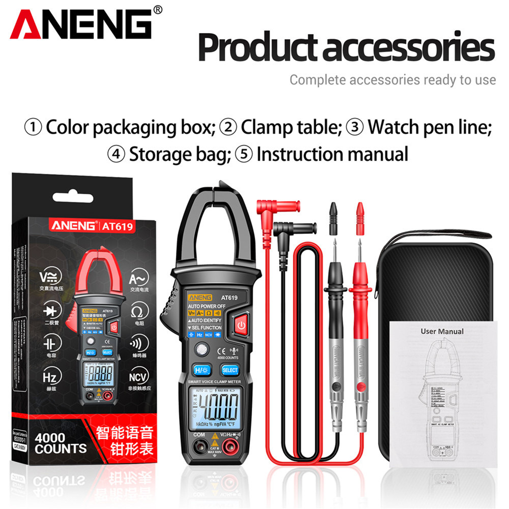 ANENG AT619 Clamp Meter Voice Broadcast Digital Multimeter 4000 Counts ...