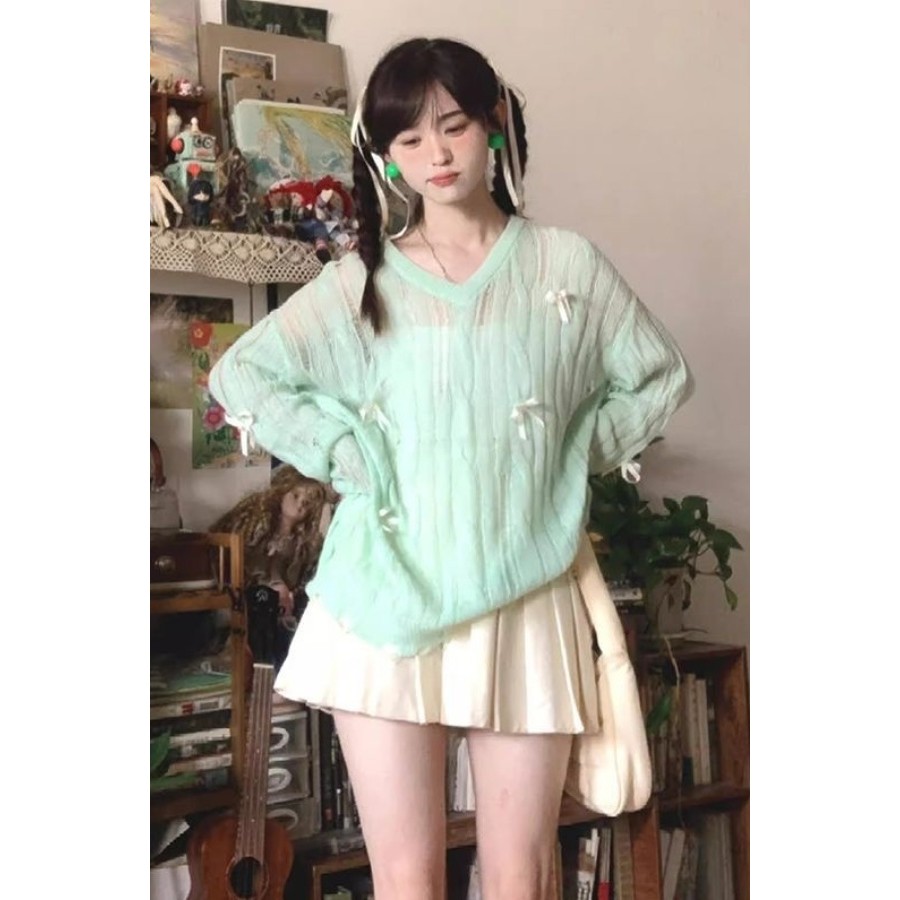 Discount Mint Mambo Green Hollow Sunscreen Blouse Women Spring Summer ...
