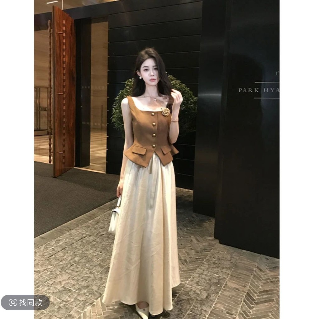 Women's Sleeveless Square Neck Lace Trim Blazer Vests and Long Skirt 2 ...