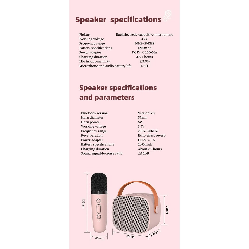 Mini Karaoke Machine Microphone for Adults and Kids with 1/2 Wireless ...