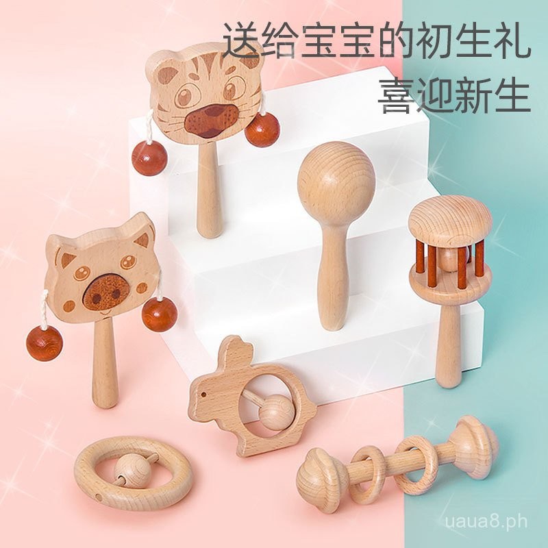 Solid Wood Paint-Free Newborn Gift Baby's Rattle Puzzle Rattle-Drum ...