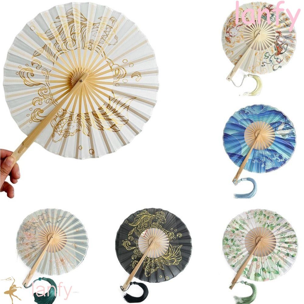 LANFY Round Bamboo Fan, Handmade Tassel Collapsible Hand Fan, Vintage ...
