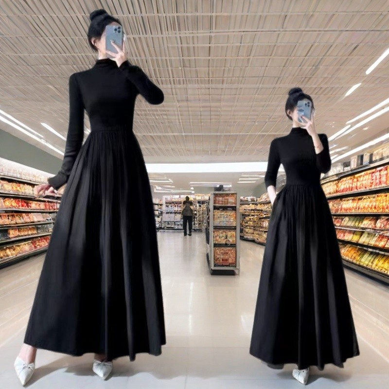 [XIAO]French Style Half Turtleneck Stitching Black Dress Spring Slim ...