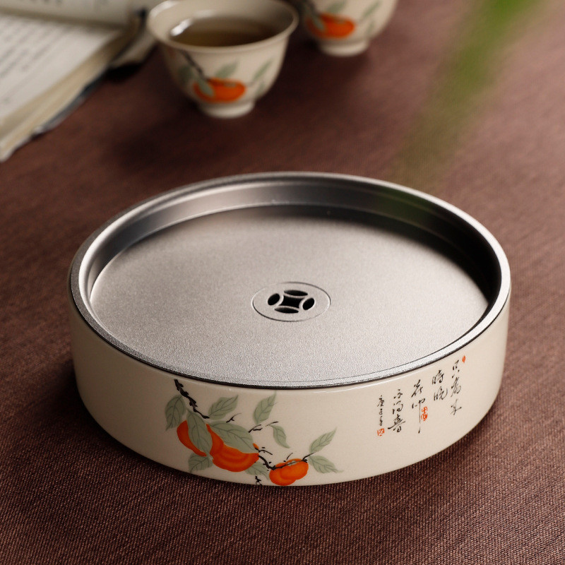 Ceramic Water Storage Tea Tray Kung Fu Tea Set Metal Tin Cover Double ...