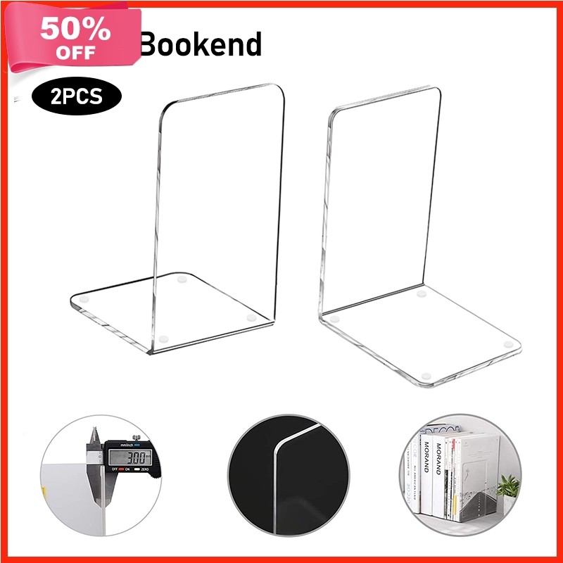 2PCS Acrylic Transparent Bookends L-shaped Clear Bookends Desktop ...