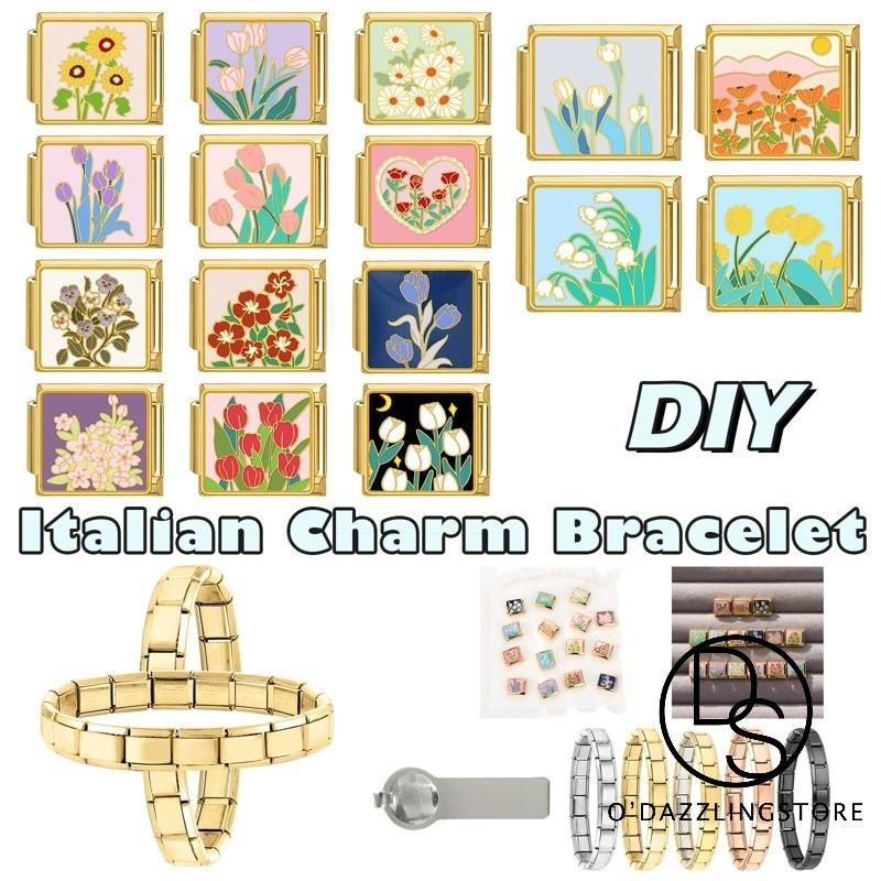 Flower Golden Italian Modular Bracelet Charms Fit DIY Making 9mm Steel ...