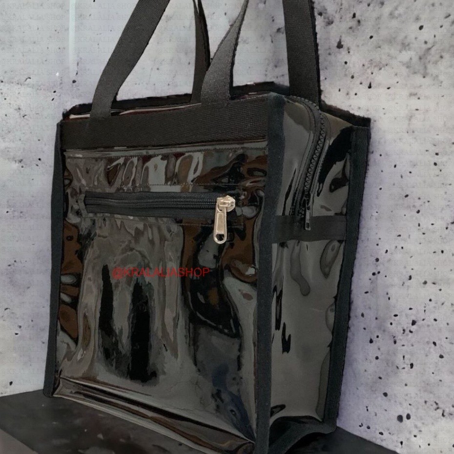 HITAM Premium glossy transparent black pvc mica tote bag with zipper ...
