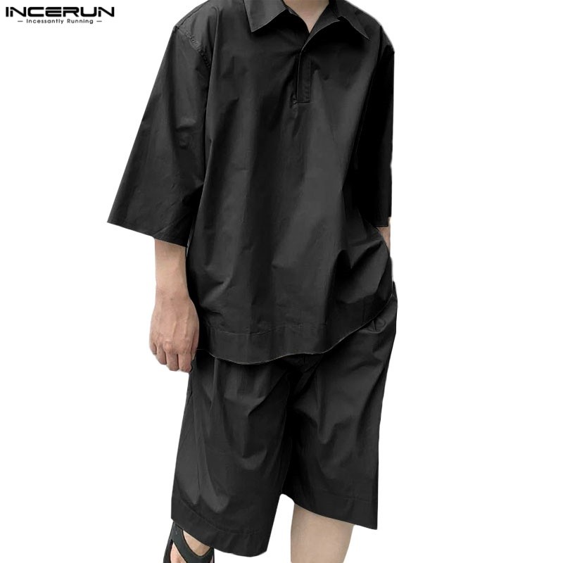 INCERUN Men's Korean Pure Color Casual Style Two Piece Set | Shopee ...