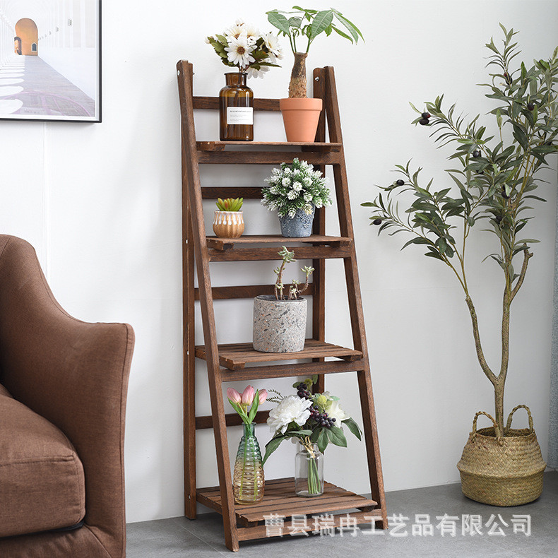 Wooden Flower Stand Balcony Storage Rack Four-Layer Flower Stand Wooden ...