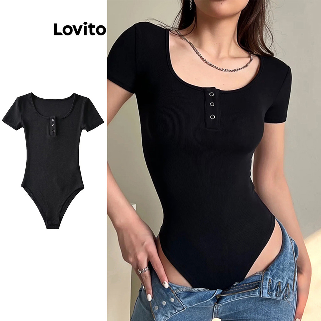 Lovito Women Casual Bodysuit Plain Buckle Metal Basic Bodysuits ...