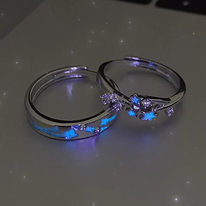 JUSHI Fashion Blue Luminous Couple Rings Fluorescent Zirconia Rings for ...