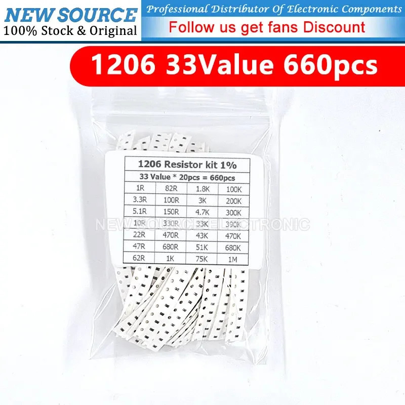 660Pcs KIT of Resistors 1206 1% SMD Resistor Assorted Kit 1R - 1M Ohm 33 ValuesX 20pcs ...