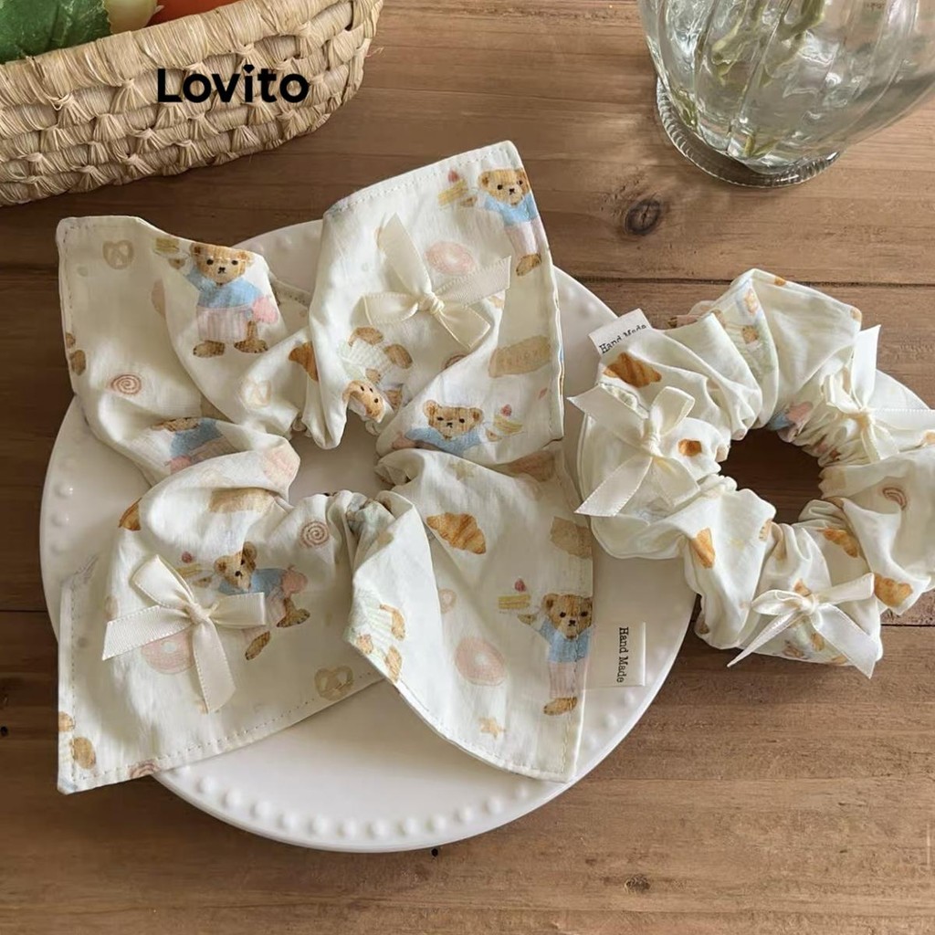 Lovito Women Cute Cartoon Bow Pattern Square Hair Ties LFA55215 ...