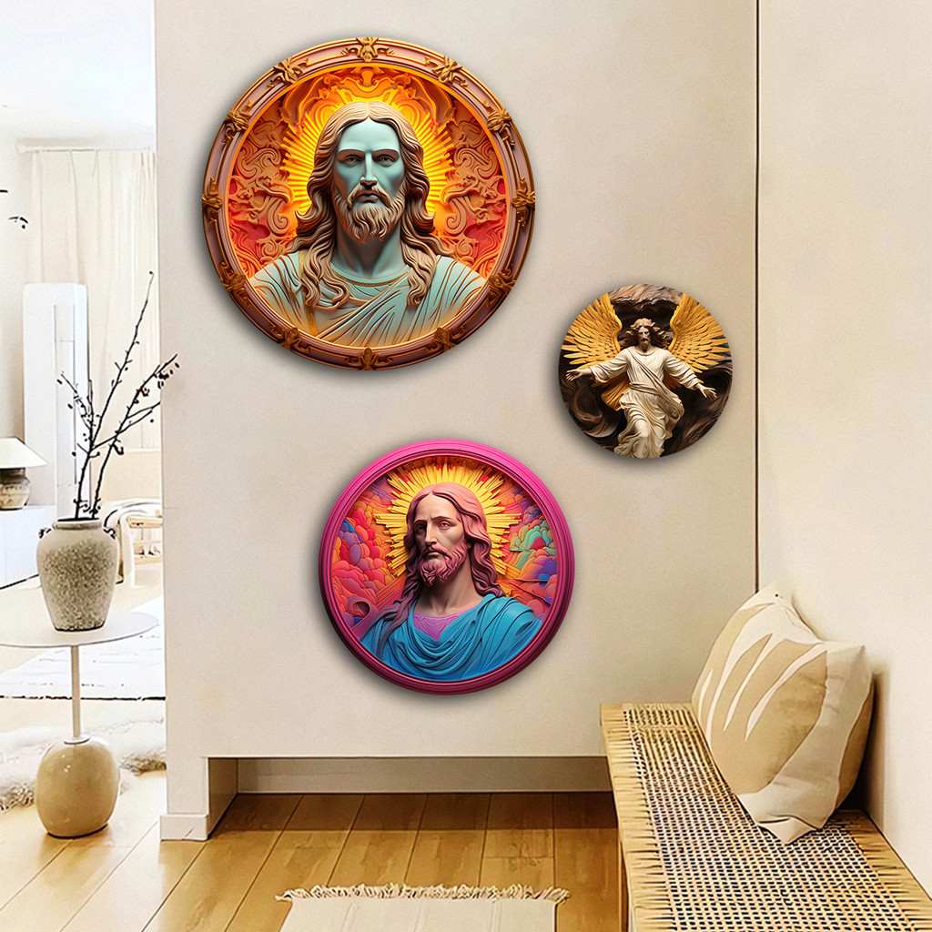 (WITH FRAME) Living Room Jesus Christian God Circular Mural Luxury Wall ...