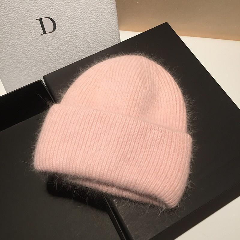 Pink Soft Waxy Rabbit Wool Knitted Wool Hat Women Winter Solid Color ...