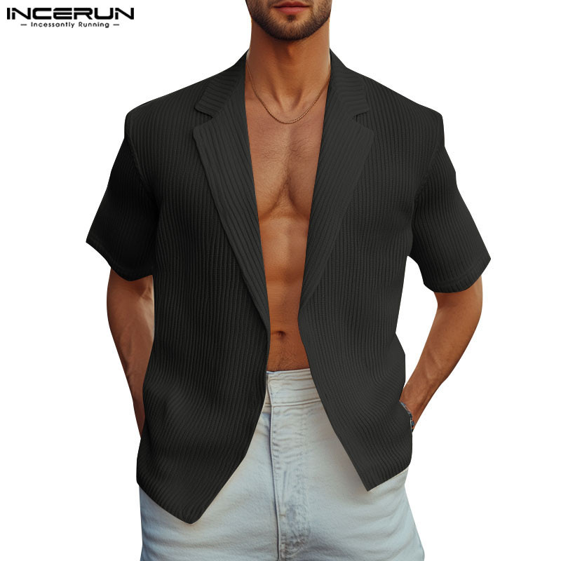 INCERUN Men's Knitted Pit Strip Short Sleeve Suit | Shopee Philippines