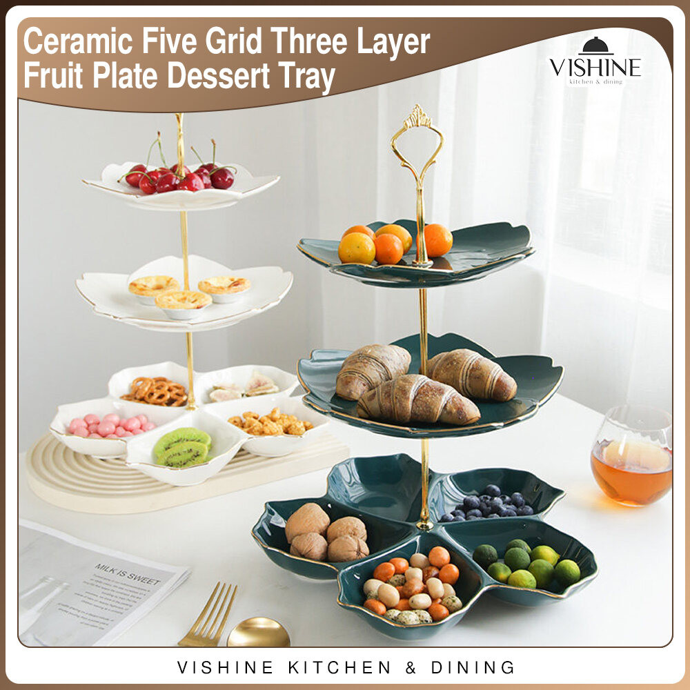 VISHINE Light Luxury Ceramic Five Grid 3-tier Fruit Plate Stand Cake ...