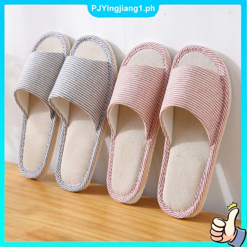 Non-slip Home Slippers Stripes Linen Slippers Indoor For Couple Women ...