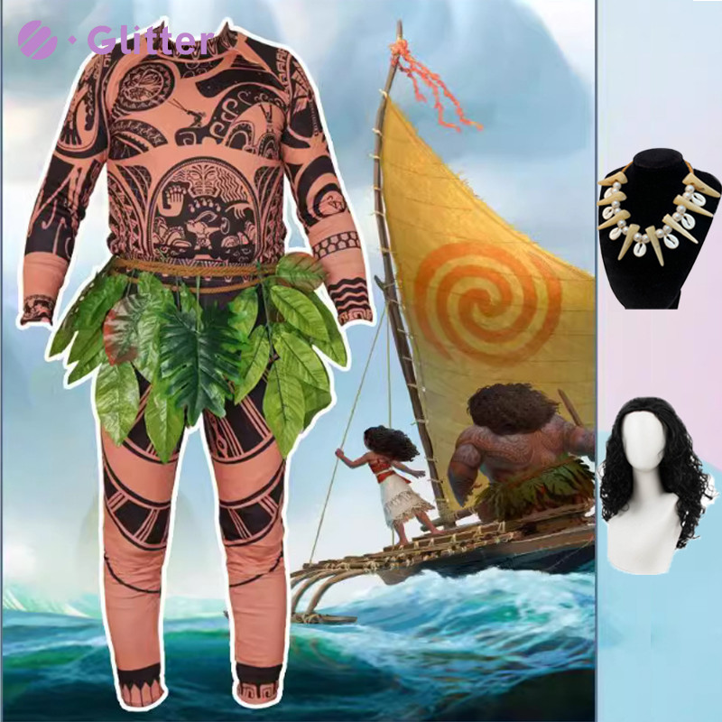 Movie Moana 2 Maui Costume for Adult Men Long Sleeve Tshirt Pants Leaf ...