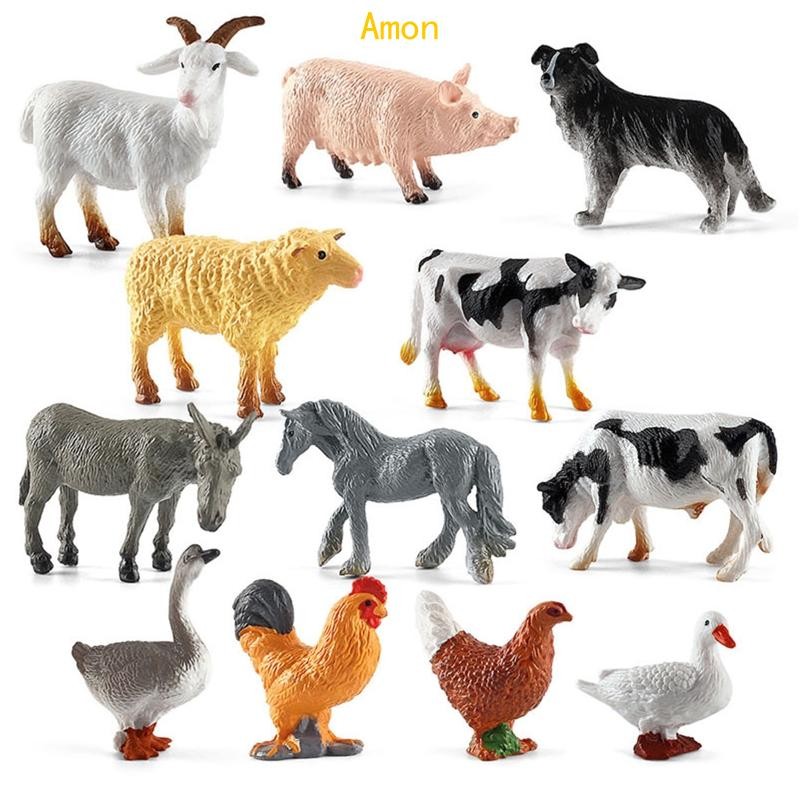 Amon Educational Tiny Farm Animal Figurines Barn Simulation Animals ...