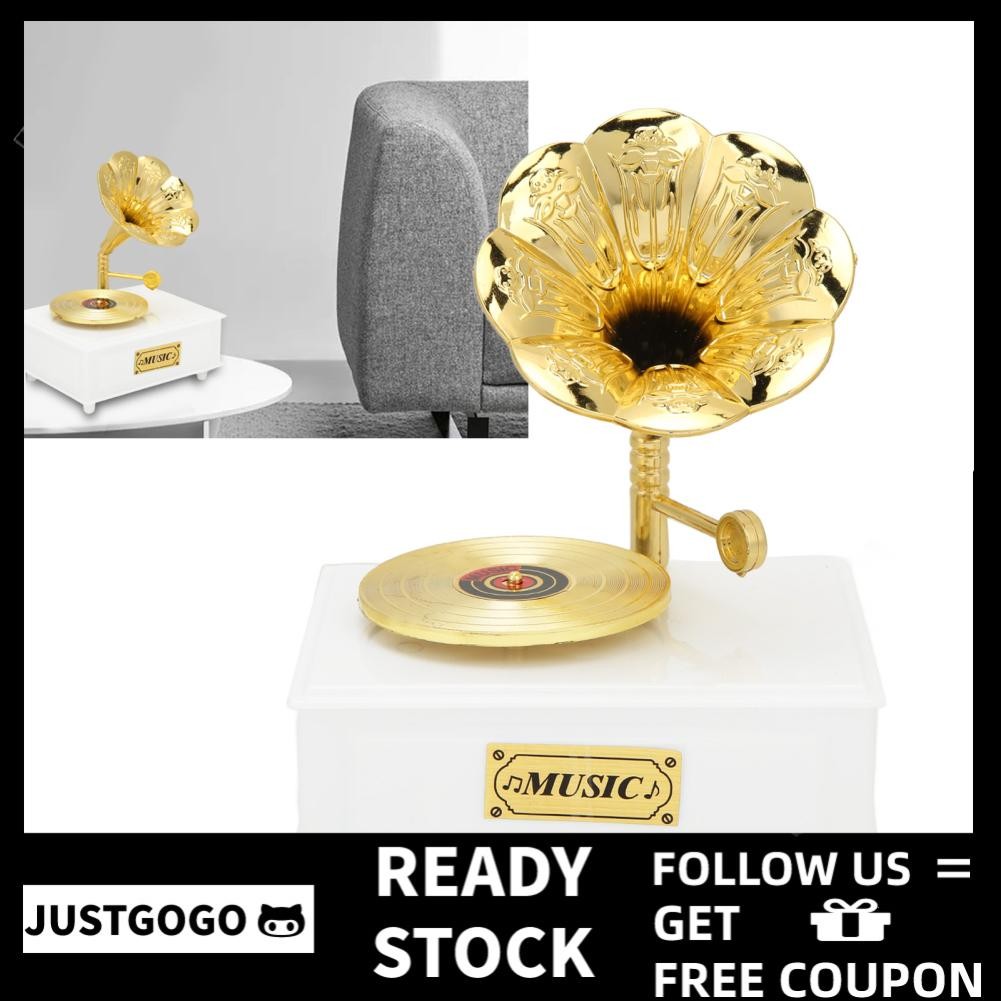 Justgogo Phonograph Shape Music Box Classic Gold Trumpet Horn Castle In ...