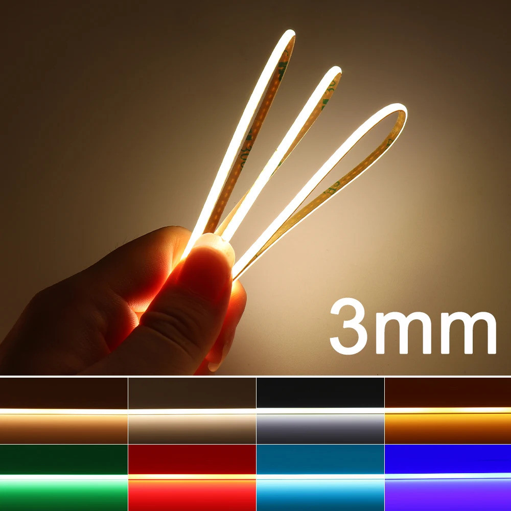 3MM COB LED Strip Red/Yellow/Green/Pink/Blue/Cool Blue/Warm/Natural/Cool White High Density ...