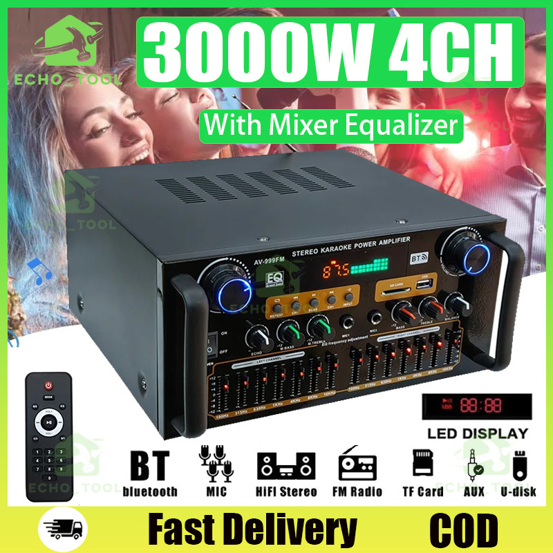 3000W 4 Channel Amplifier With Mixer Equalizer Usb Bluetooth AV-999FM ...