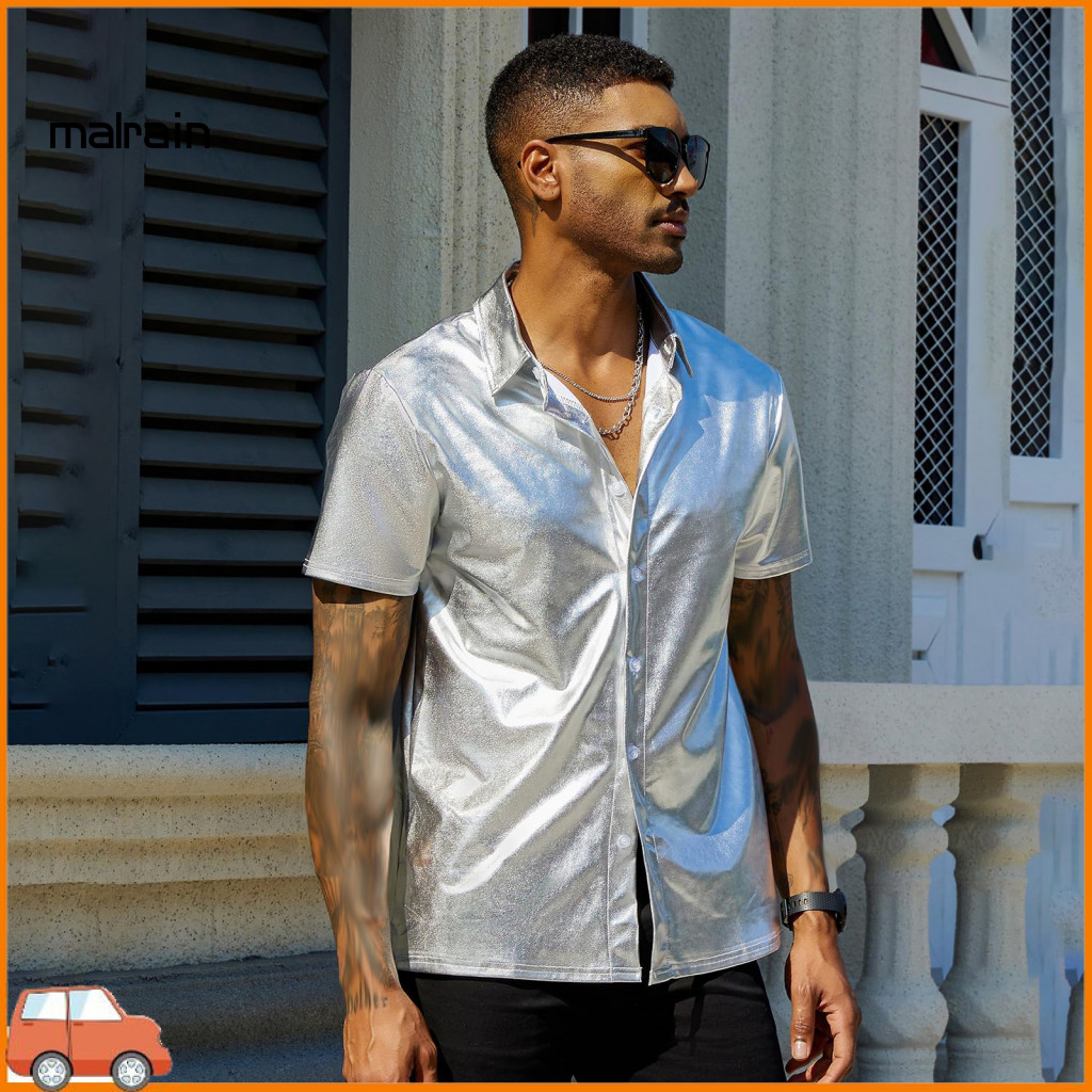 [Ma] Loose Fit Men Top Casual Button Closure Shirt Men's Glossy Surface ...
