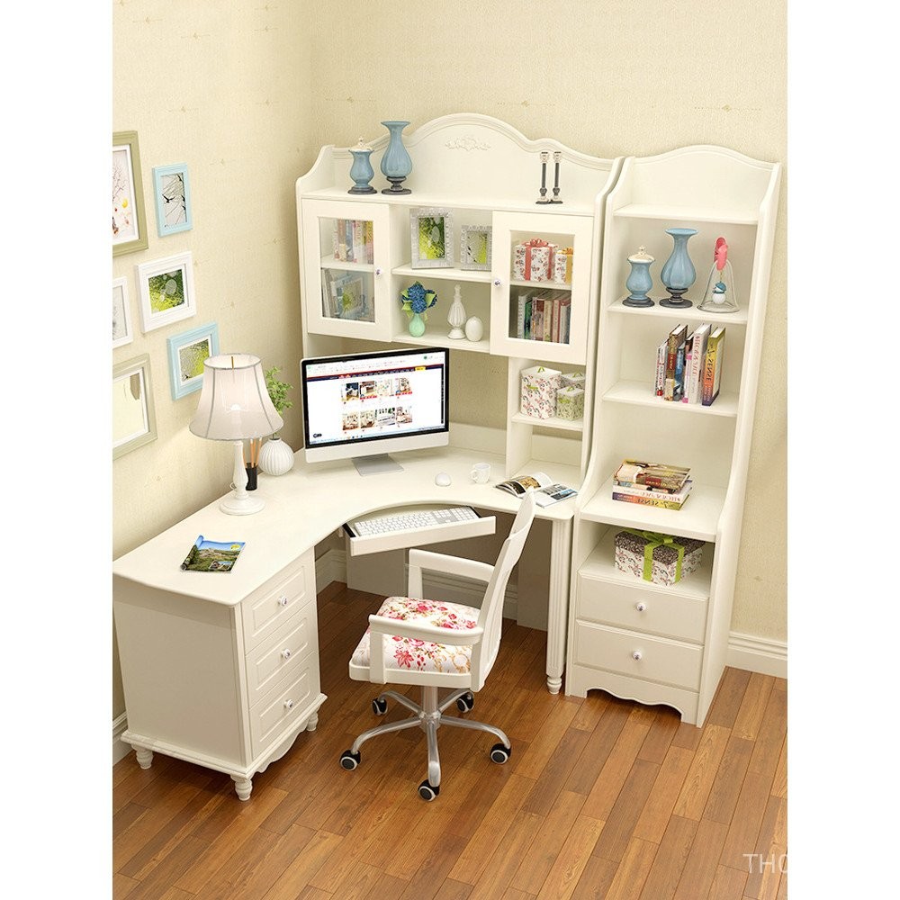 Solid Wood Combination Desktop Student Corner Desk Integrated Bookcase ...