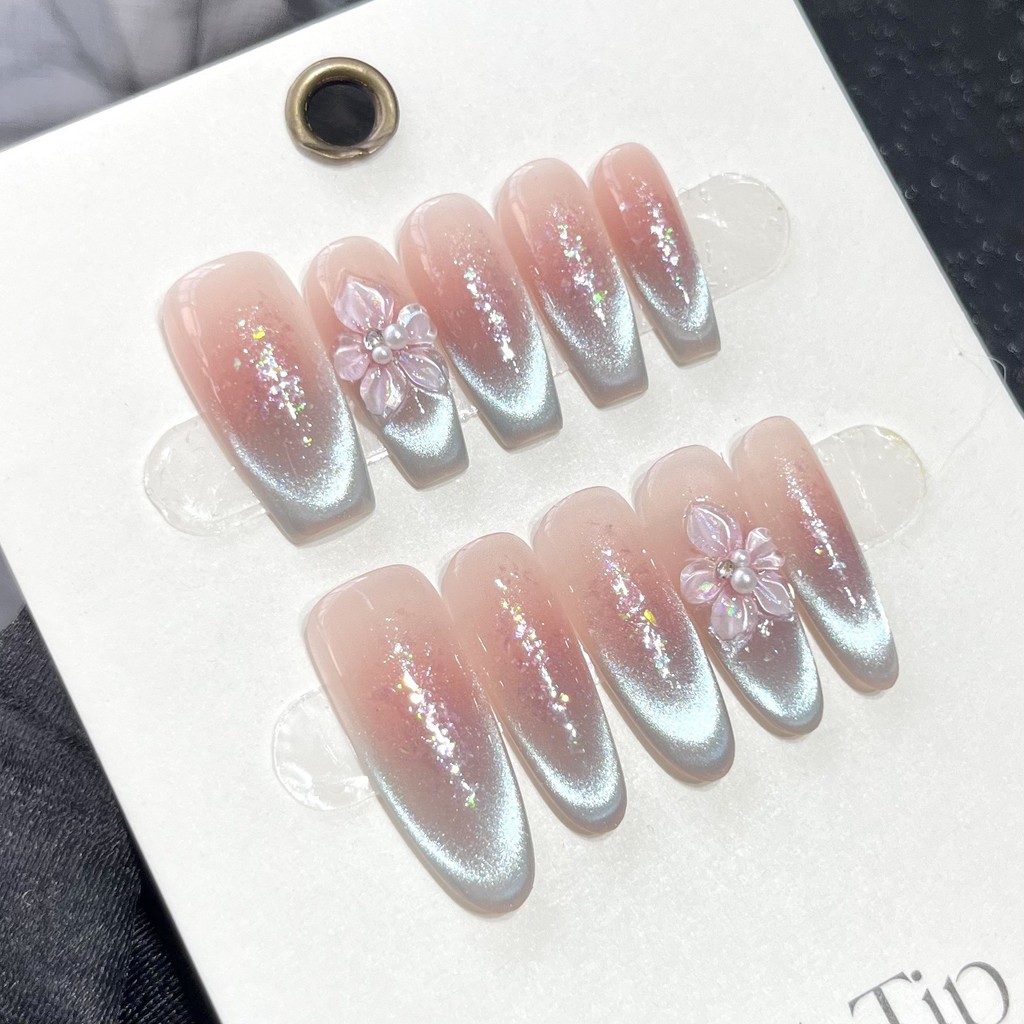 [5in1 Toolkit+HANDMADE]Artificial Nail Ice Blue Cat Eye Translucent ...