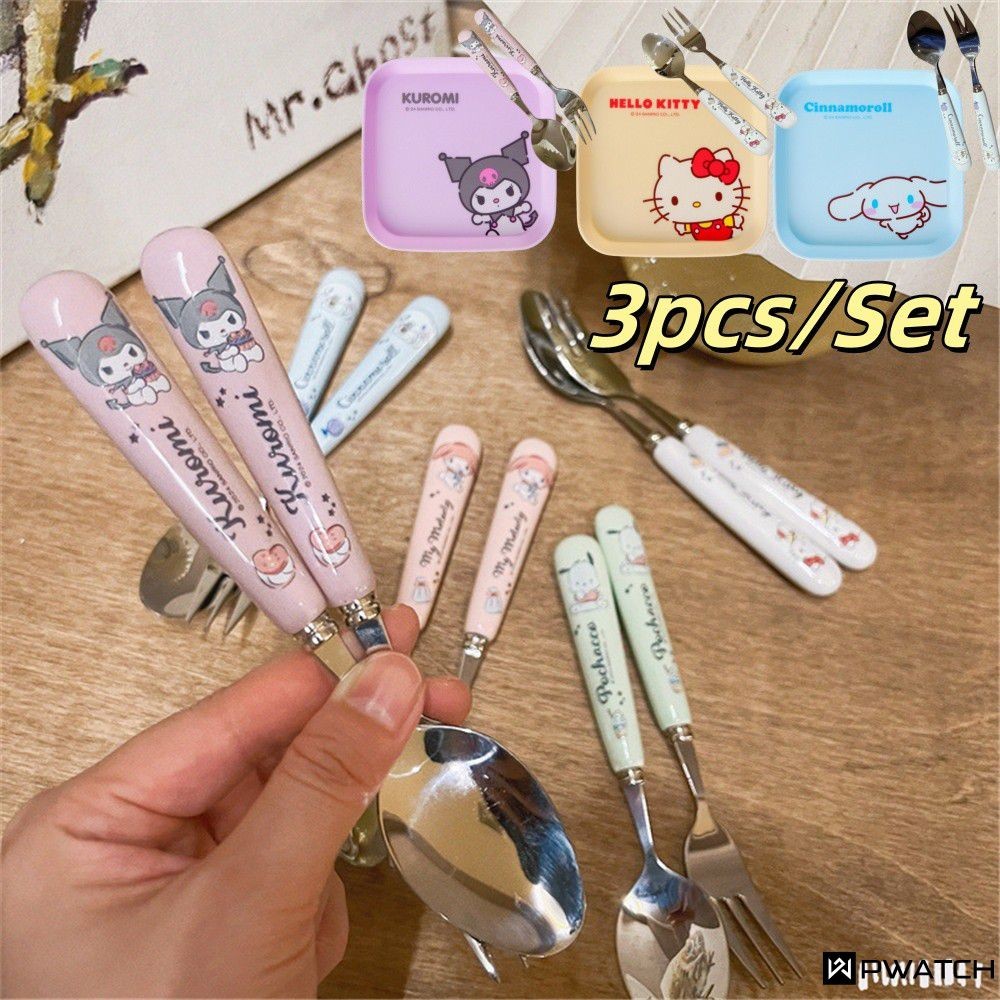 Sanrio Tableware Set Stainless Steel Spoon Fork Dish Plate Cute Kuromi ...