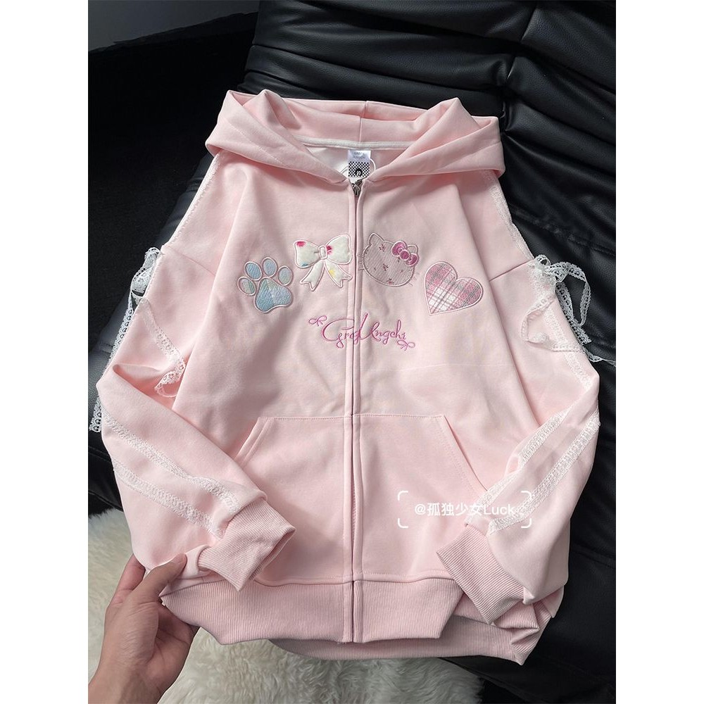 Lace Patchwork Sweet and Cute Hooded Women's Hello Kitty Student Jacket ...